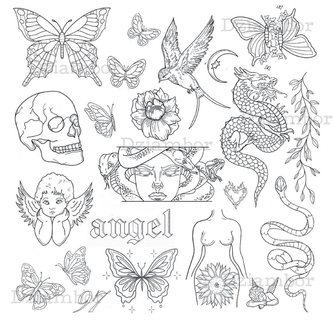 Buy Temporary Tattoo Sheet, Tattoo Trial, Black Tattoo, Flash Tattoo ...