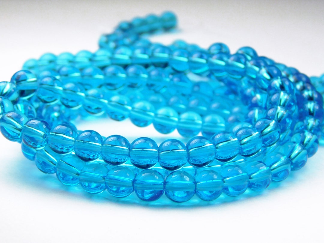 12 Inch Strand - 6mm Round Transparent Aquamarine Blue Glass Beads - 1 ...