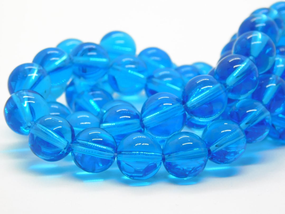 12 Inch Strand - 10mm Round Transparent Cyan Blue Glass Beads - Blue ...
