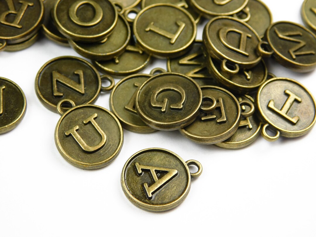 14x12x2mm Flat Round Antique Bronze Letter Charms - Bronze - Pick Your ...