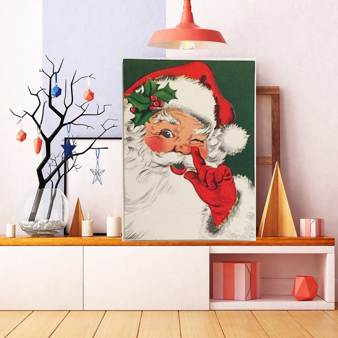 Vintage Winking Santa Christmas Poster, Holiday Antique Painting Wall ...