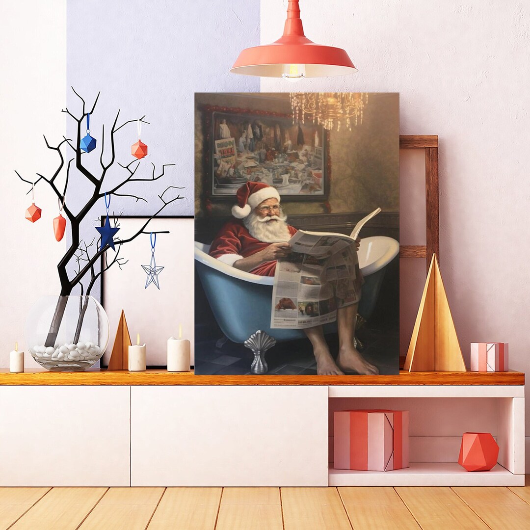 Santa in Bathtub Reading Newspaper Poster, Santa Toilet Rolls Wall Art ...