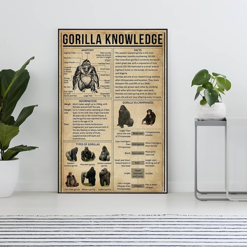 Unframed Gorilla Knowledge Poster, Gorilla Lover Gift, All About ...