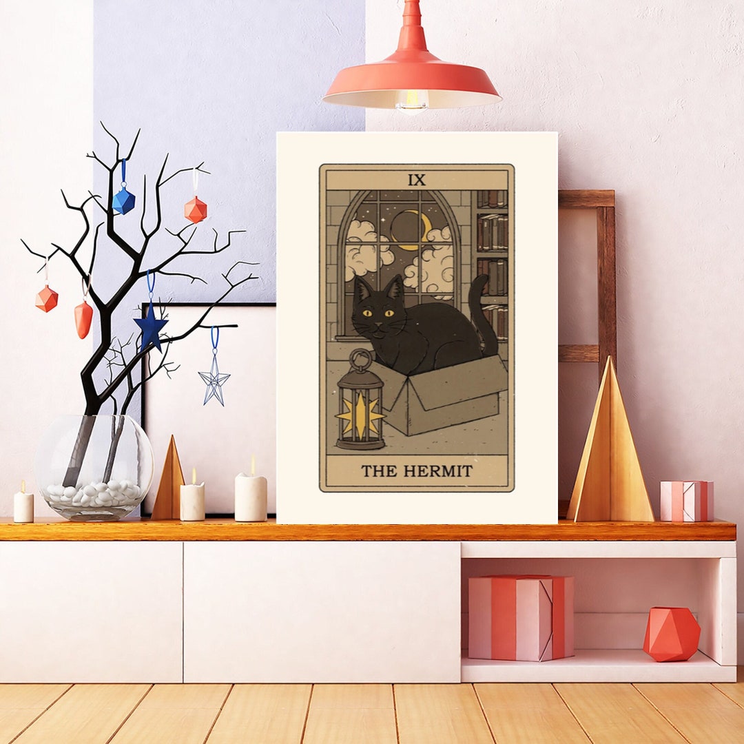 Black Cat Tarot Card the Hermit Poster Wall Art, Cat Tarot Poster ...