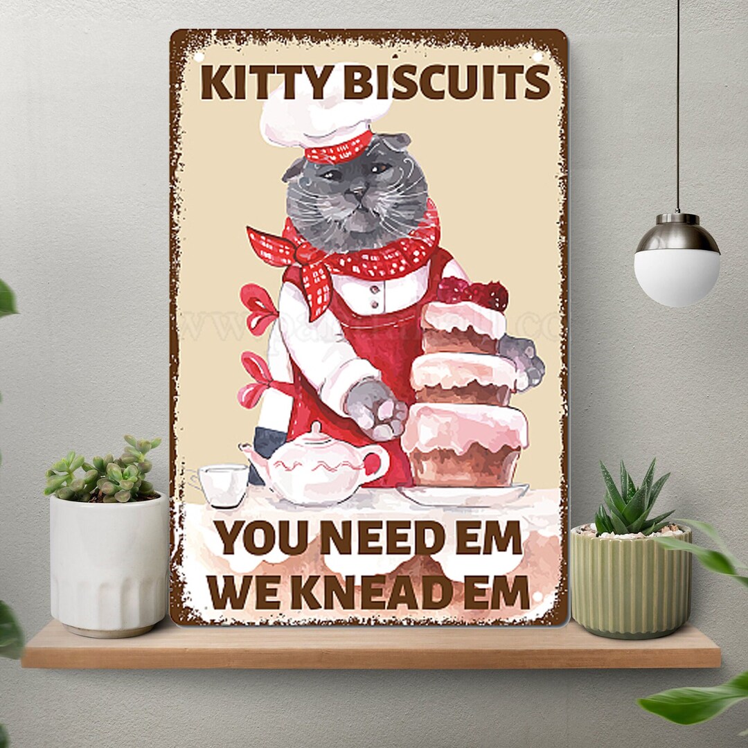 Kitty Biscuits We Knead Em You Need Em Poster, Vintage Cat Poster, Cat Lover Gift Love Baking ...