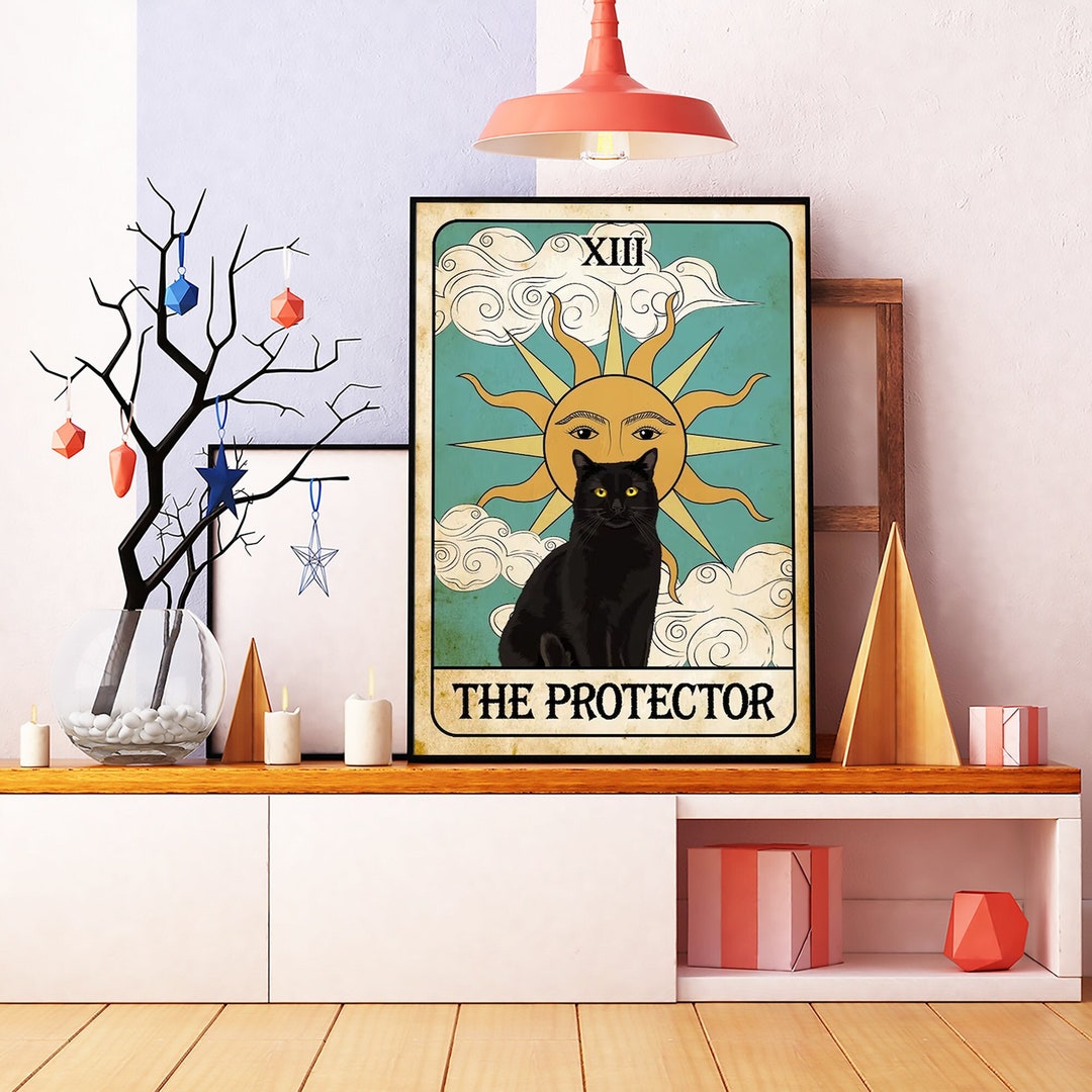 The Protector Tarot Card Vintage Poster, Black Cat With Sun Art, the ...