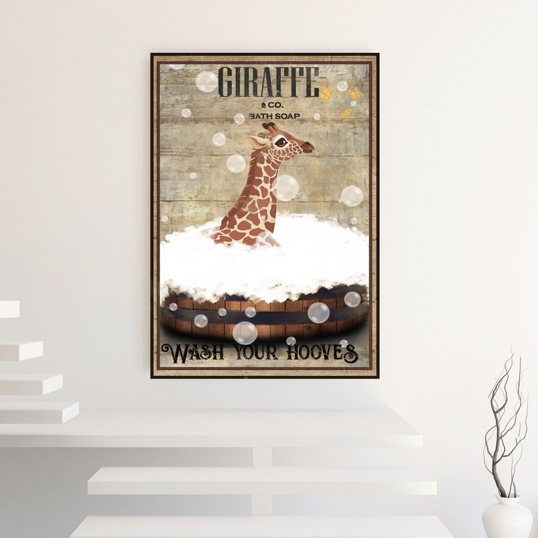 Giraffe Bath Soap Vintage Poster, Funny Bathroom Giraffe Poster, Animal ...