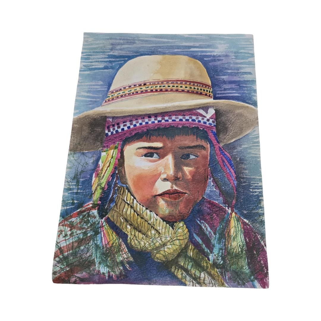 Vintage Peruvian Folk Art Watercolor Portrait of Young Child in Hat and ...