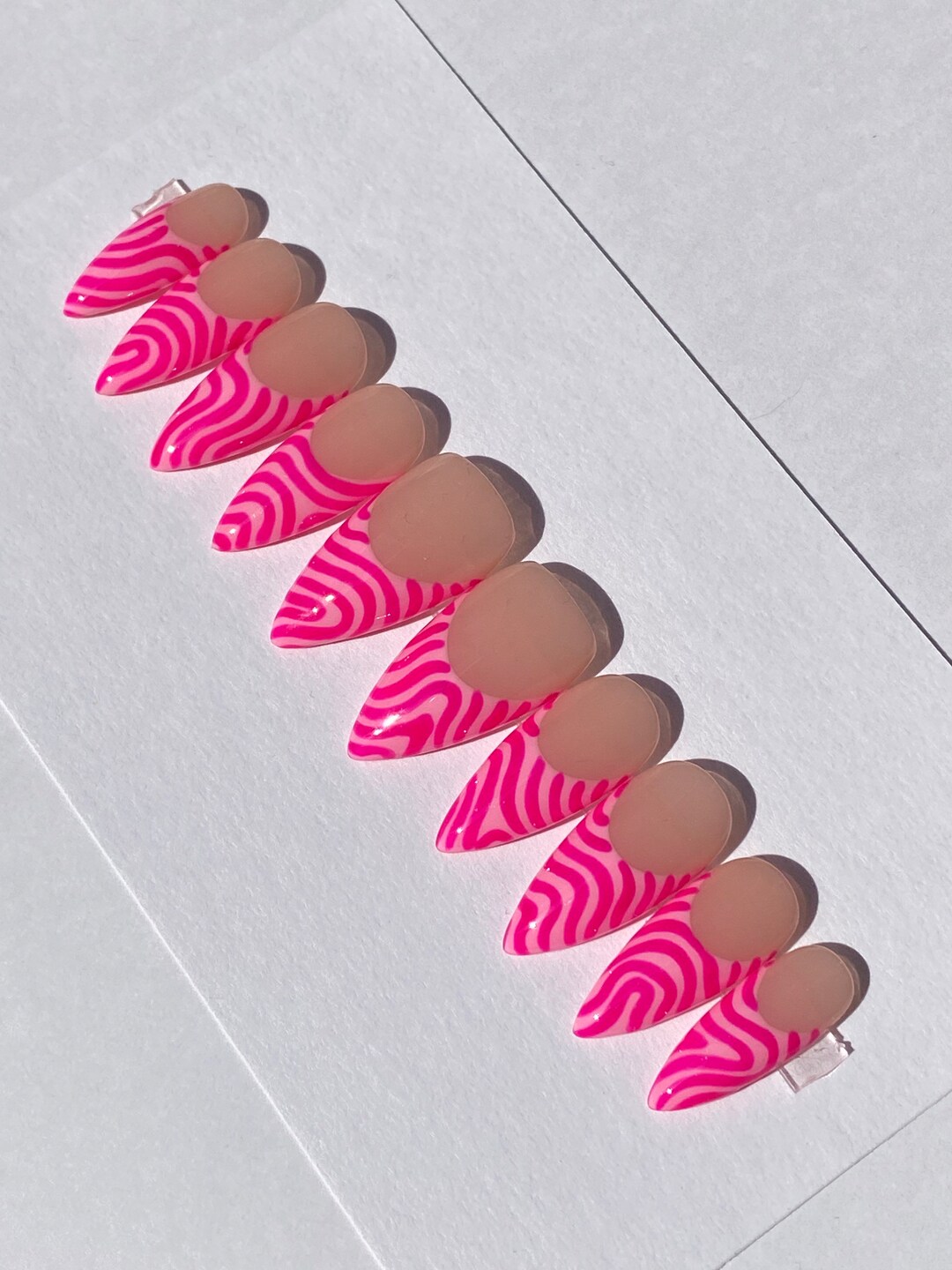 Pink Wavy French Tip PRESS ON NAILS | Hot Pink Nails, Trippy Nails ...