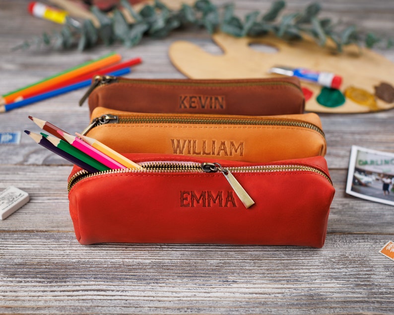 Leather Personalized Pencil Case - Custom Pen Holder - Slim Artist Case ...