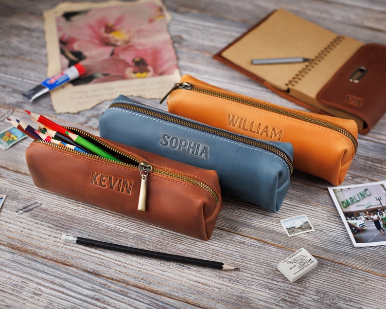 Leather Personalized Pencil Case - Custom Pen Holder - Slim Artist Case ...
