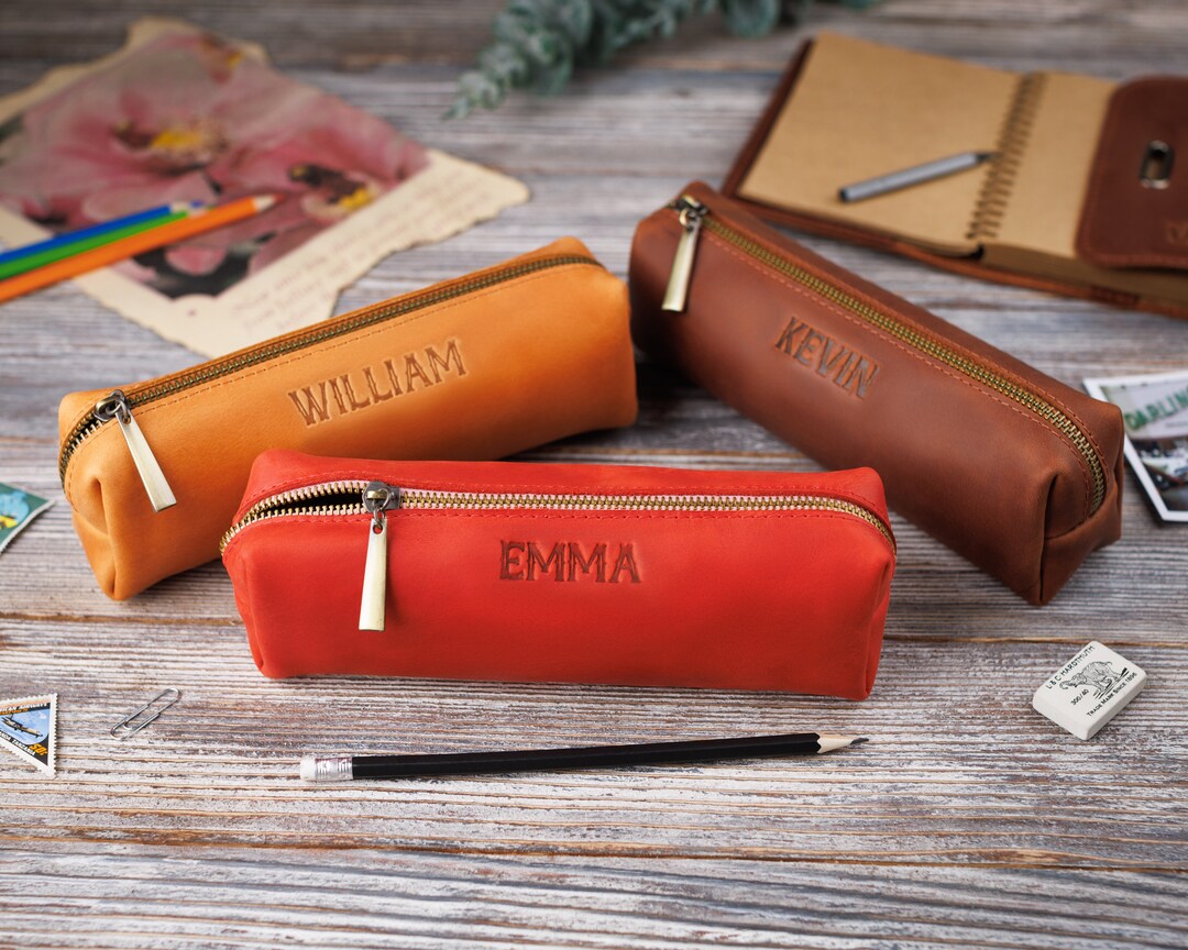 Leather Personalized Pencil Case - Custom Pen Holder - Slim Artist Case ...