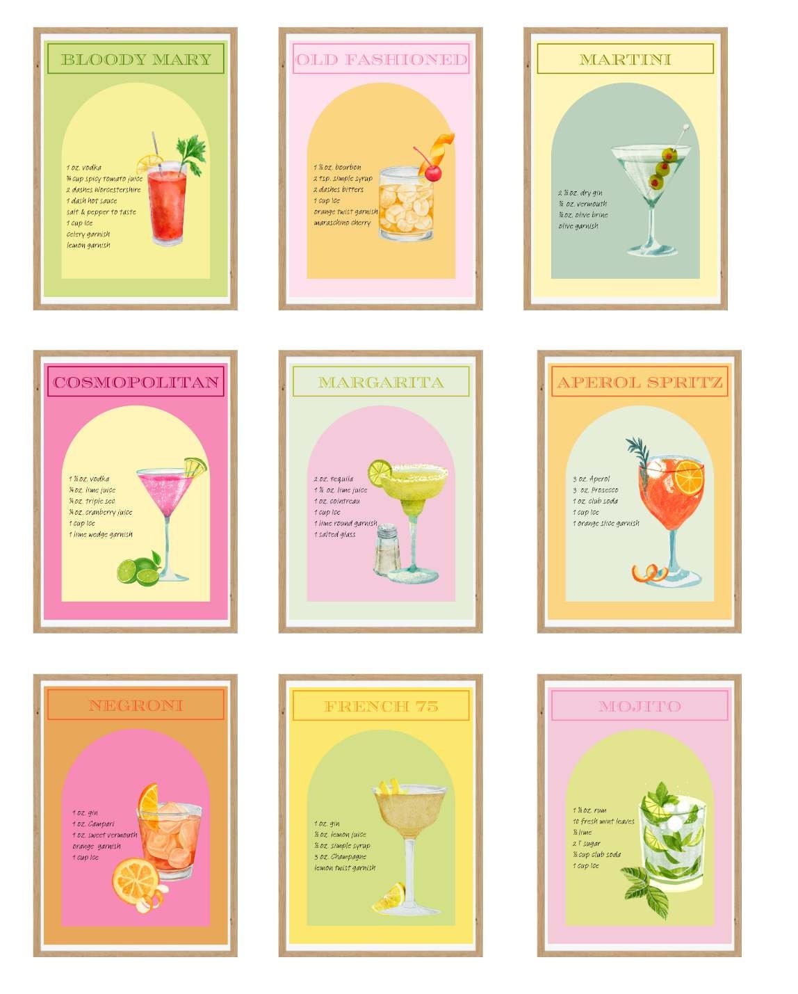 Cocktail Print Set of 9, Colorful Bar Cart Gallery Wall Set, DIGITAL ...