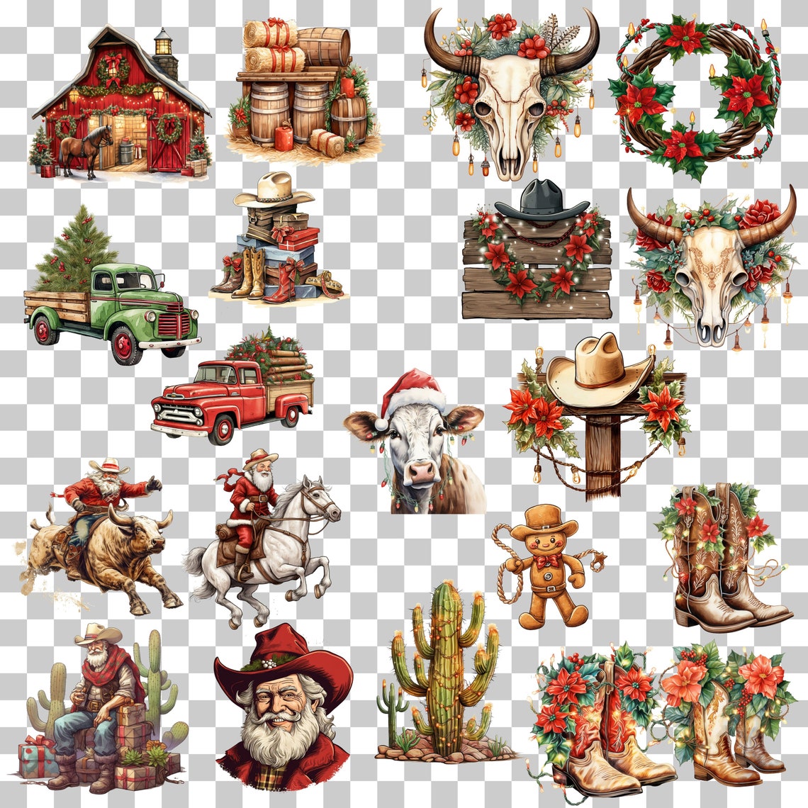 Western Christmas Cowboy Howdy Santa Gingerbread Man Cactus Cow Print ...