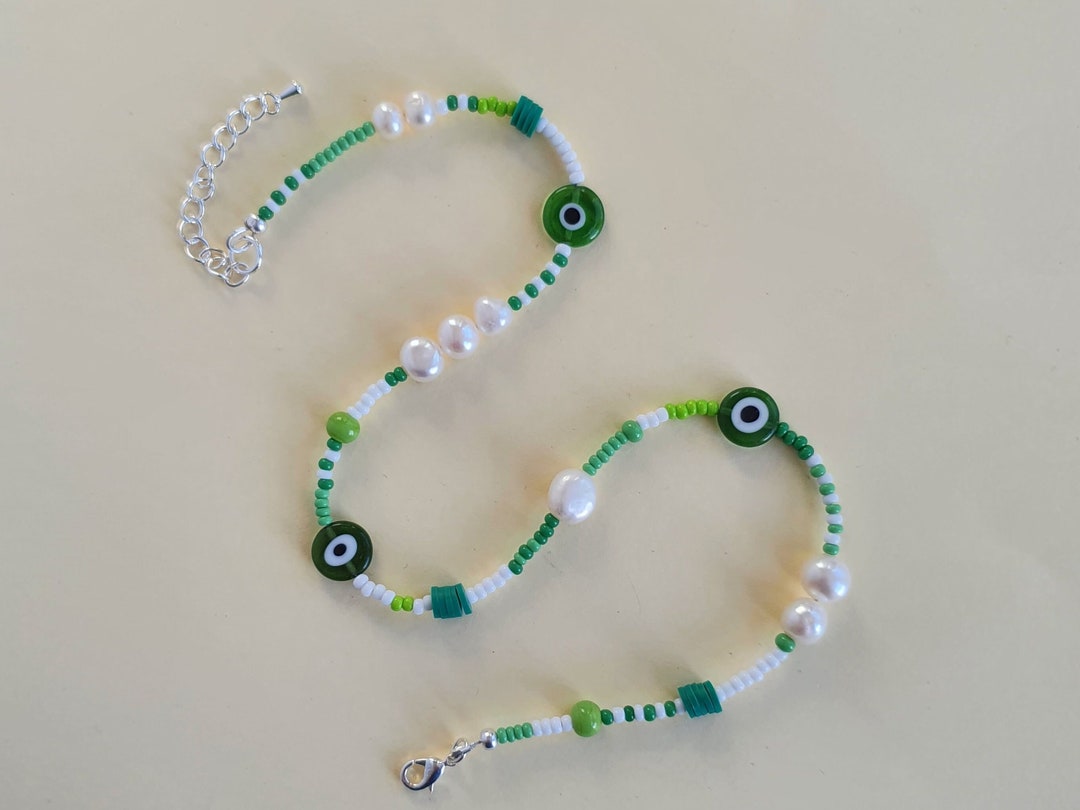 Evil Eye Beaded Necklace Evil Eye Green Pearl Bead Necklace - Etsy