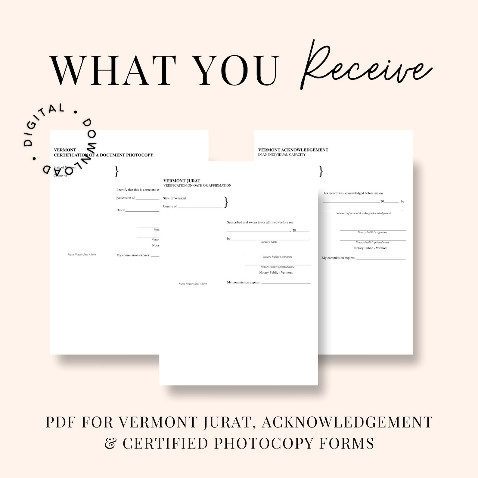 VERMONT Jurat, Acknowledgment, & Certified Photocopy Forms for Notaries ...