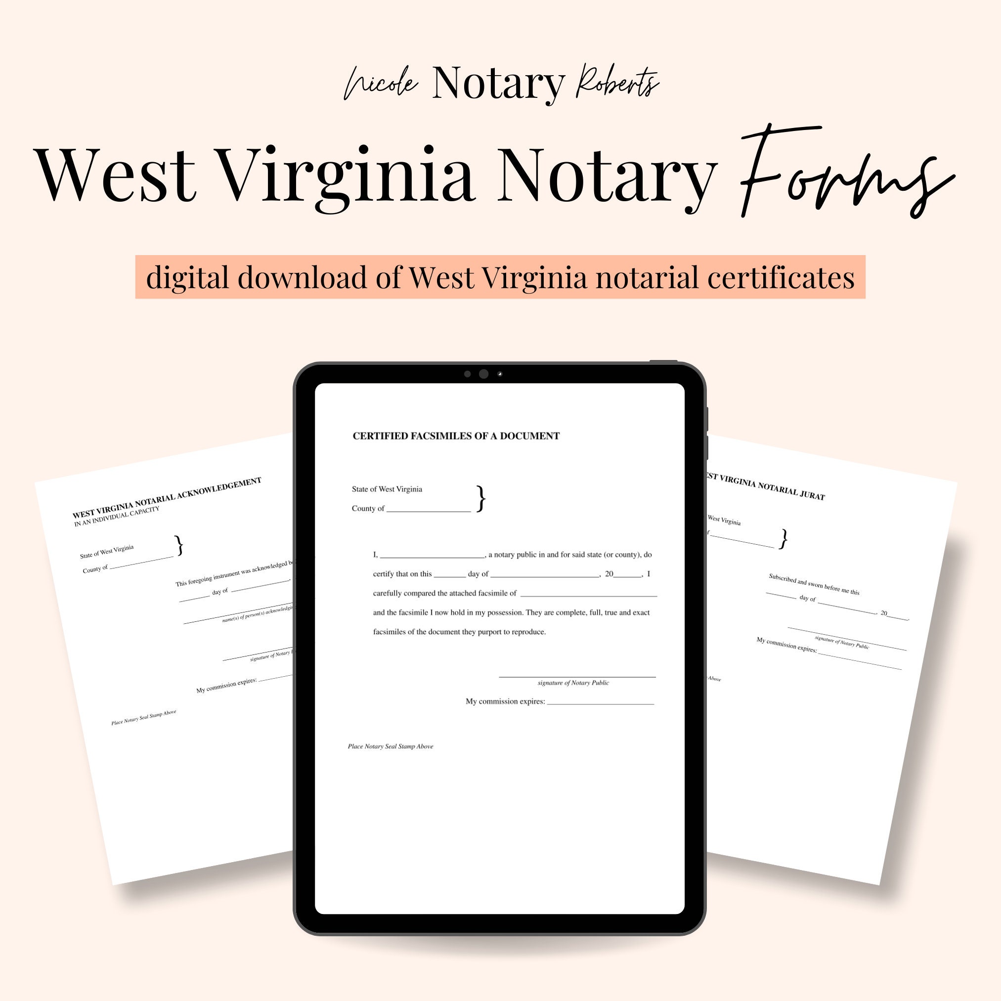 WEST VIRGINIA Jurat, Acknowledgment, & Certified Photocopy Forms for ...