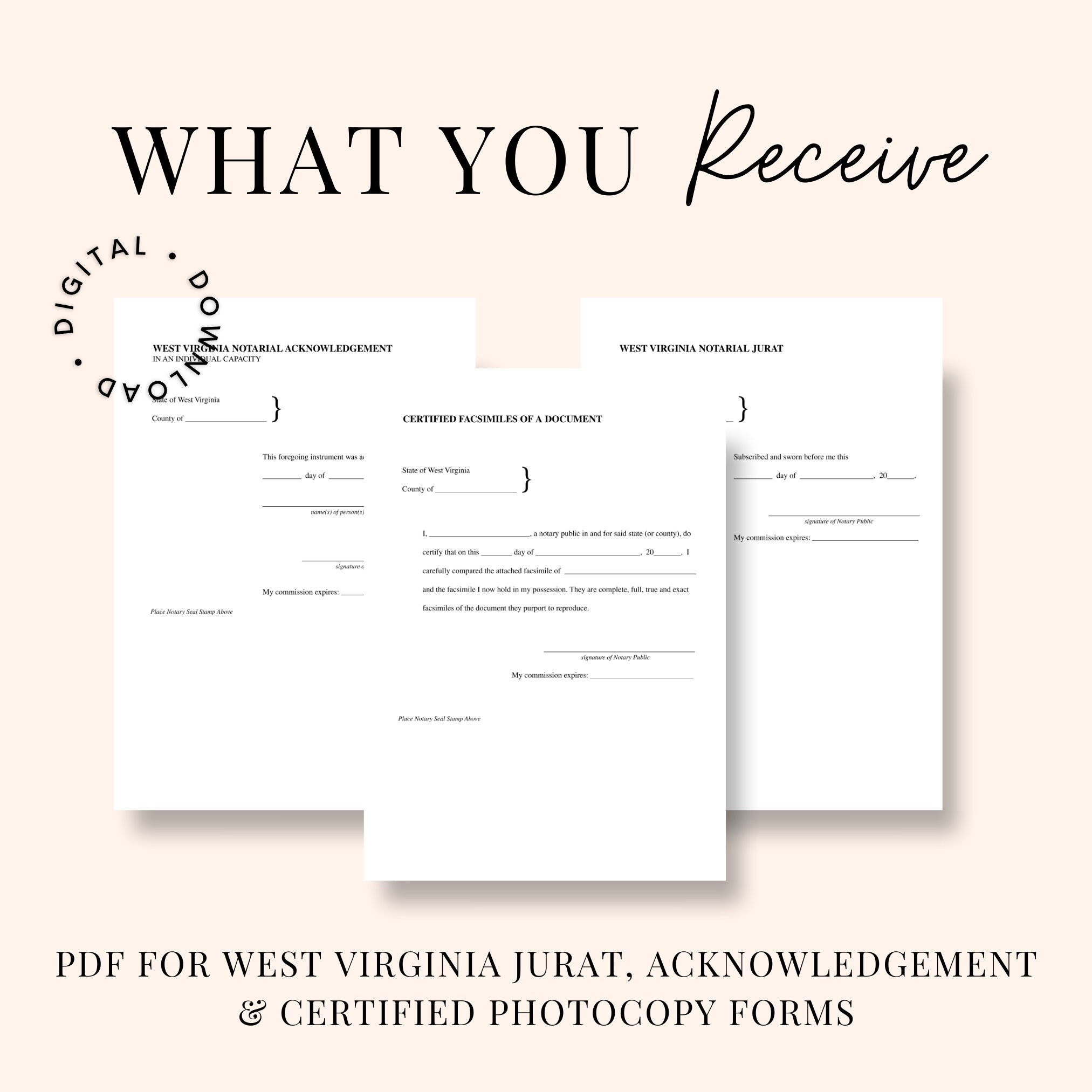 WEST VIRGINIA Jurat, Acknowledgment, & Certified Photocopy Forms for ...