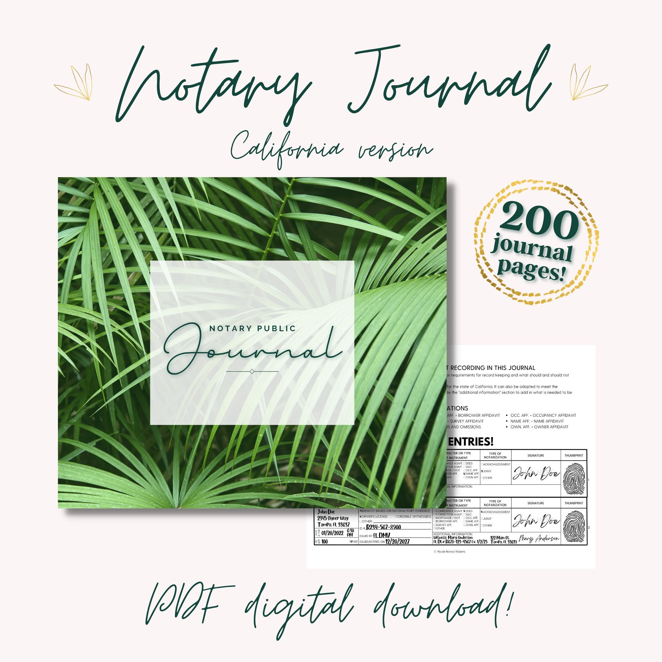 CALIFORNIA NOTARY JOURNAL Palm Leaves Design A Streamlined - Etsy