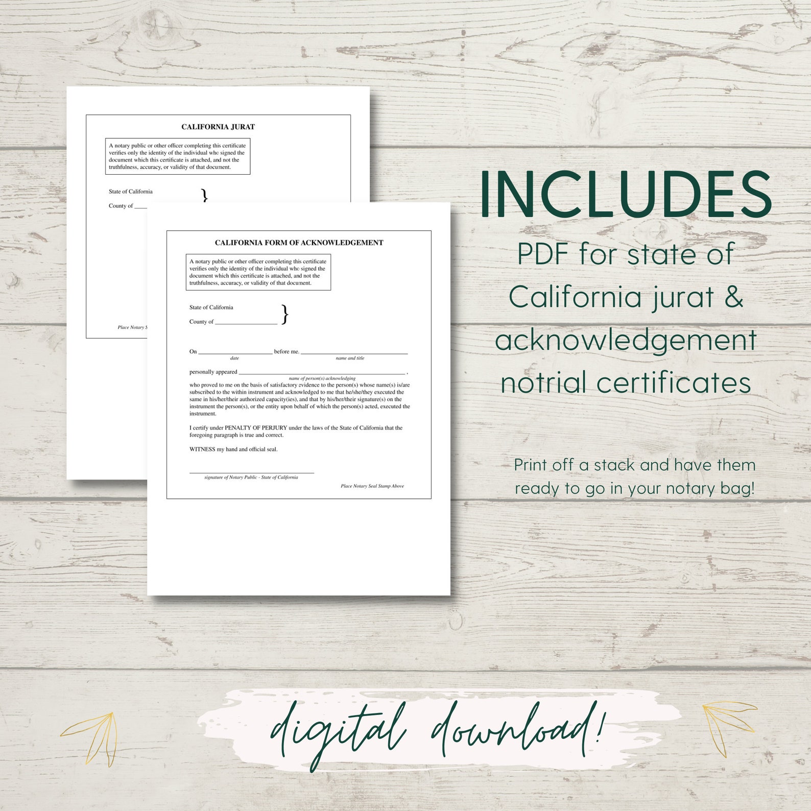 CALIFORNIA Jurat and Acknowledgement Notarial Certificates - Etsy