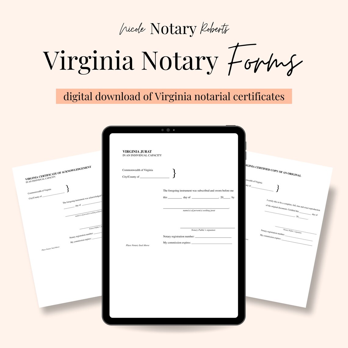 VIRGINIA Jurat, Acknowledgement, and Certified Photocopy Forms for ...