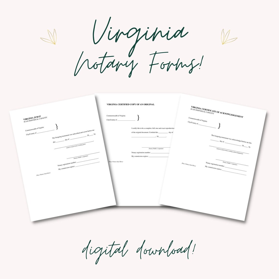 VIRGINIA Jurat Acknowledgement and Certified Photocopy Forms - Etsy