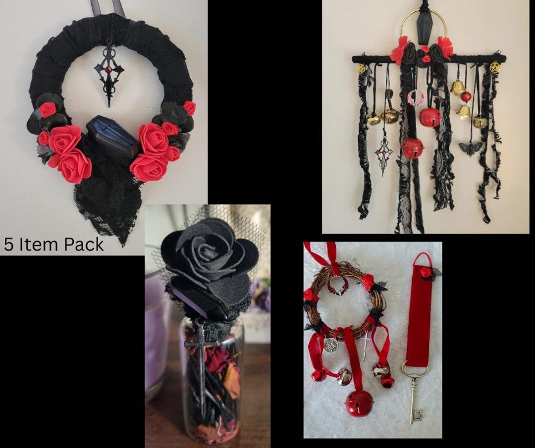 Gothic Vampire Decor Set – Black Obsidian Jar, Coffin Wreath, Bat Bells ...