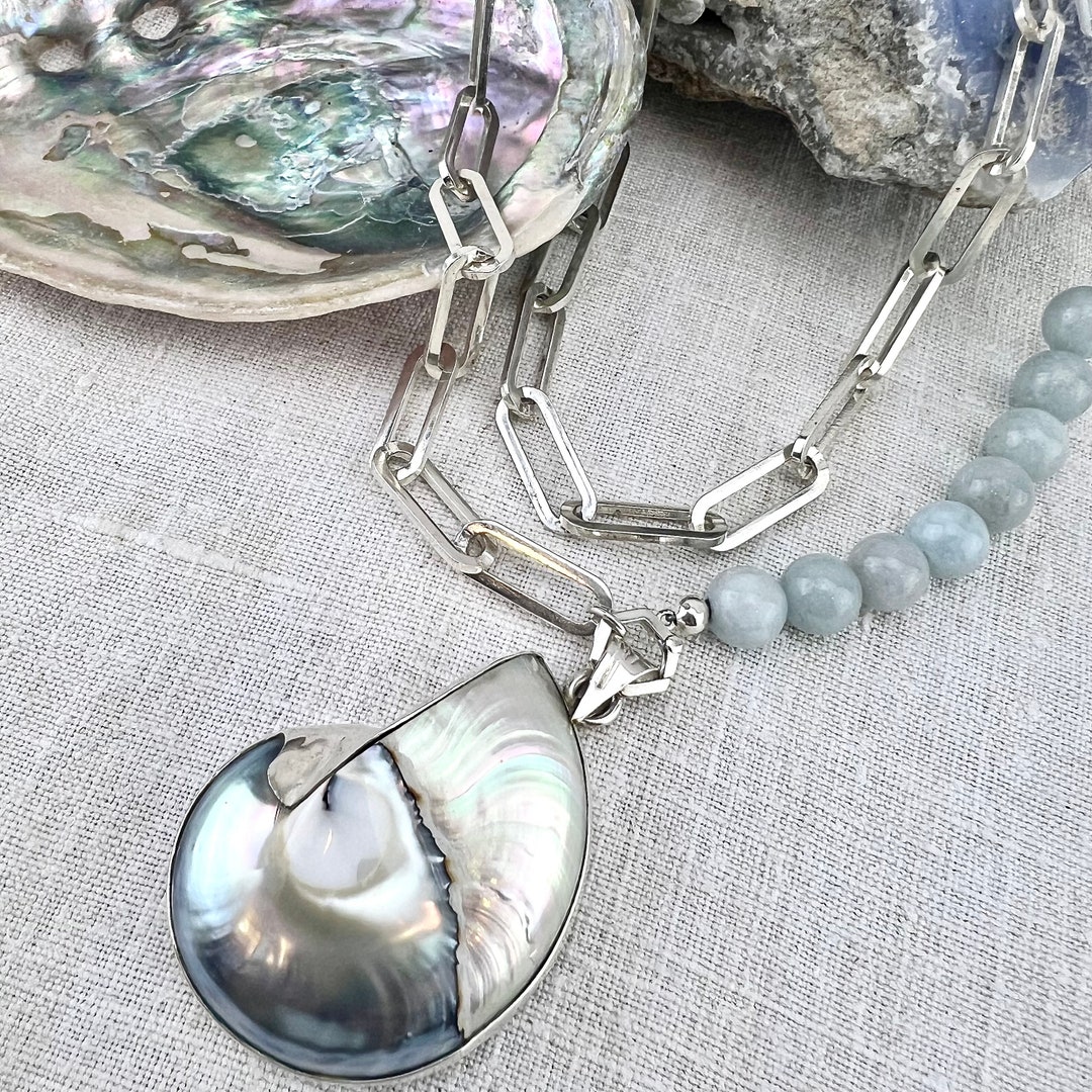Nautilus Shell Pendant & Aquamarine Sterling Silver Layered Necklace ...