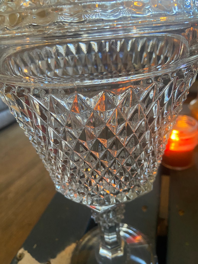 Glass Candy Dish, Pedestal Base With Lid. Diamond Point Pattern ...