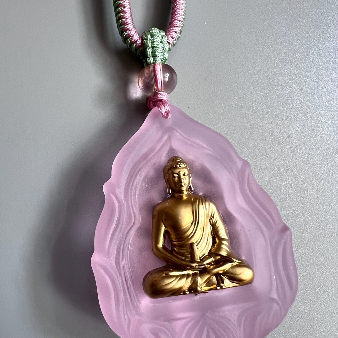 Pink Buddha Pendant Glass Tibetan Buddhism Necklace With Om Mani Padme ...