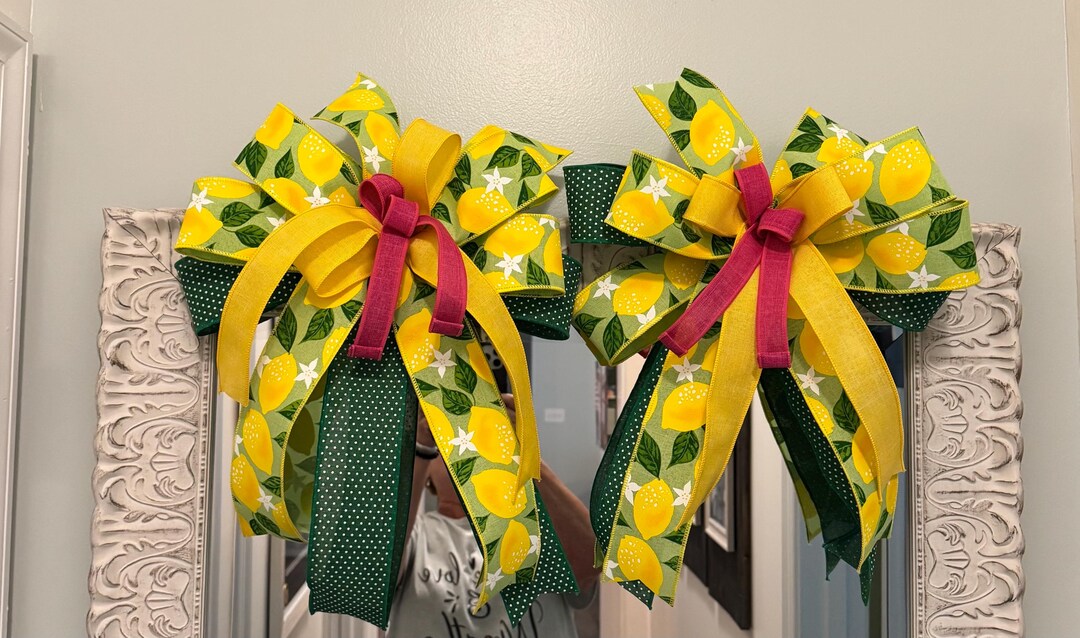 Lemon Bow Set | Pink Green Lemon Bows for Wreaths, Lanterns & Mantel ...