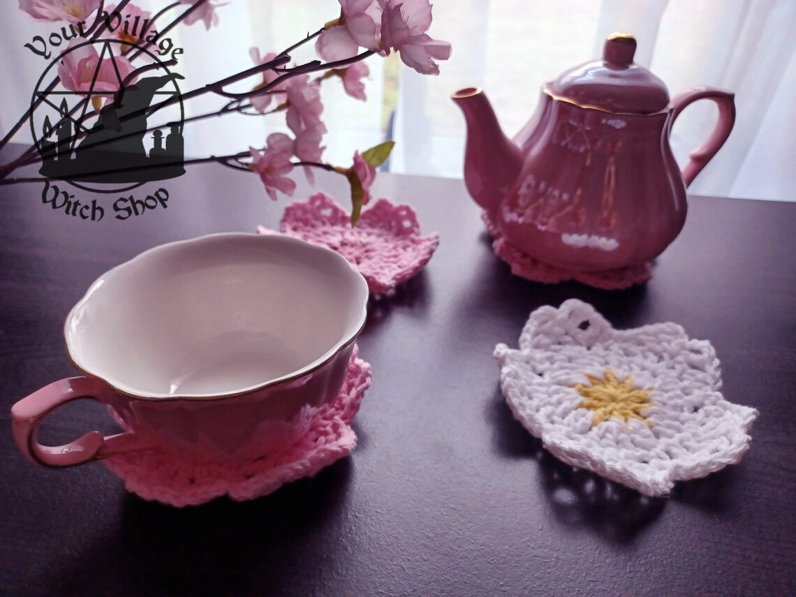 4pc Crochet Sakura Coasters | Etsy