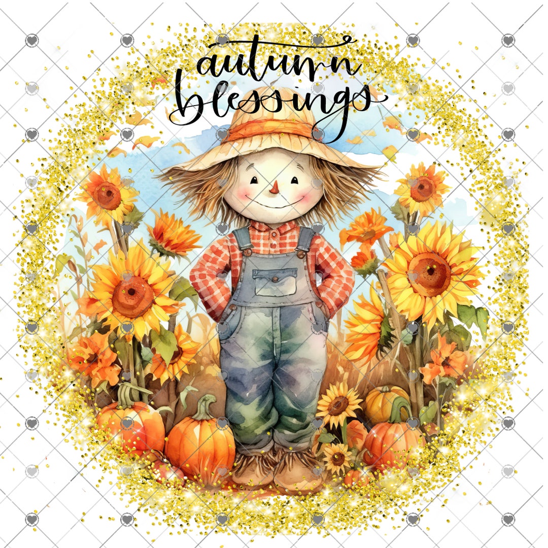 Scarecrow and Sunflowers Fall Scene Autumn Blessings Welcome - Etsy