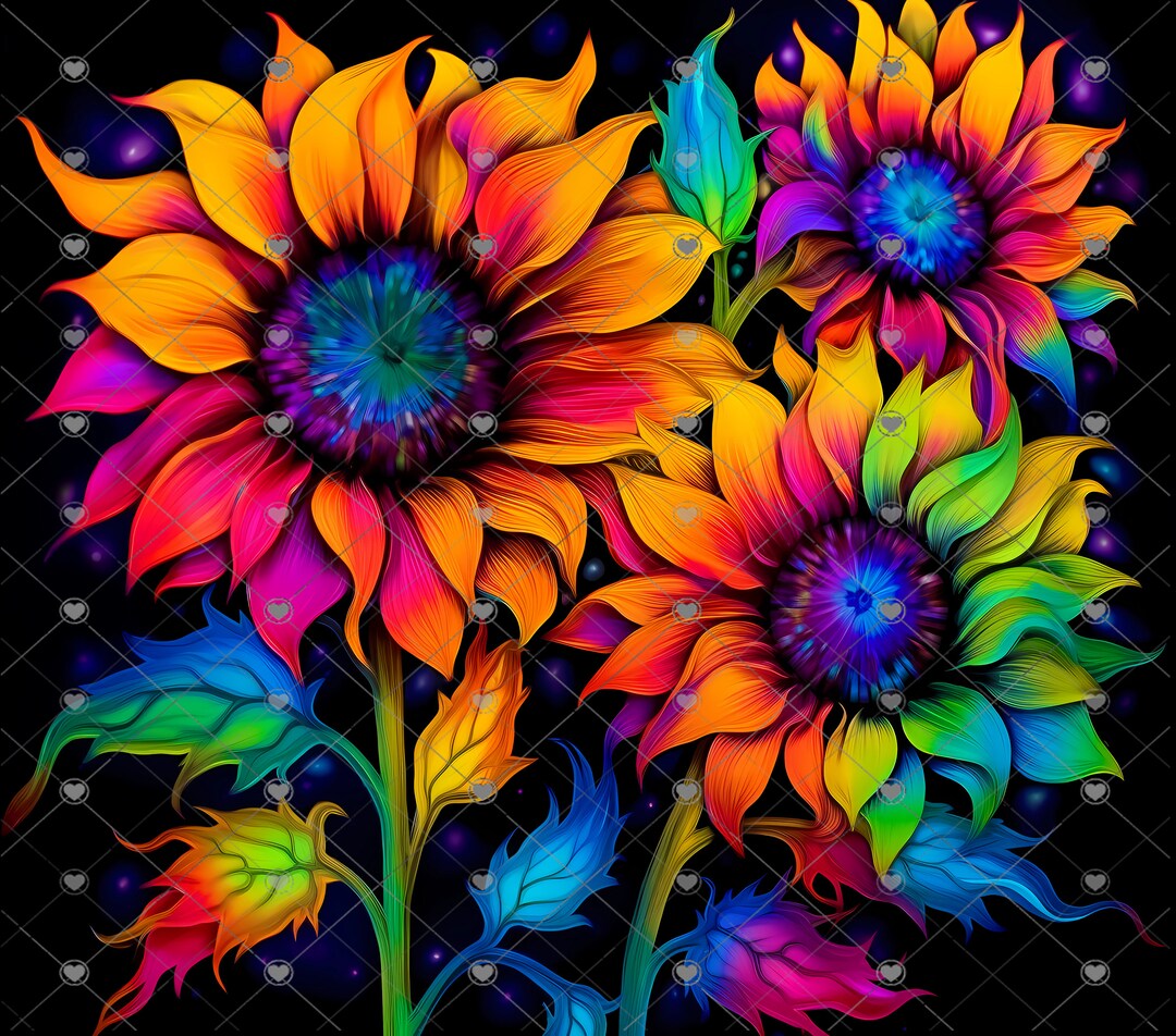 Rainbow Sunflowers With Black Background, 20 and 30 Oz SKINNY TUMBLERS ...