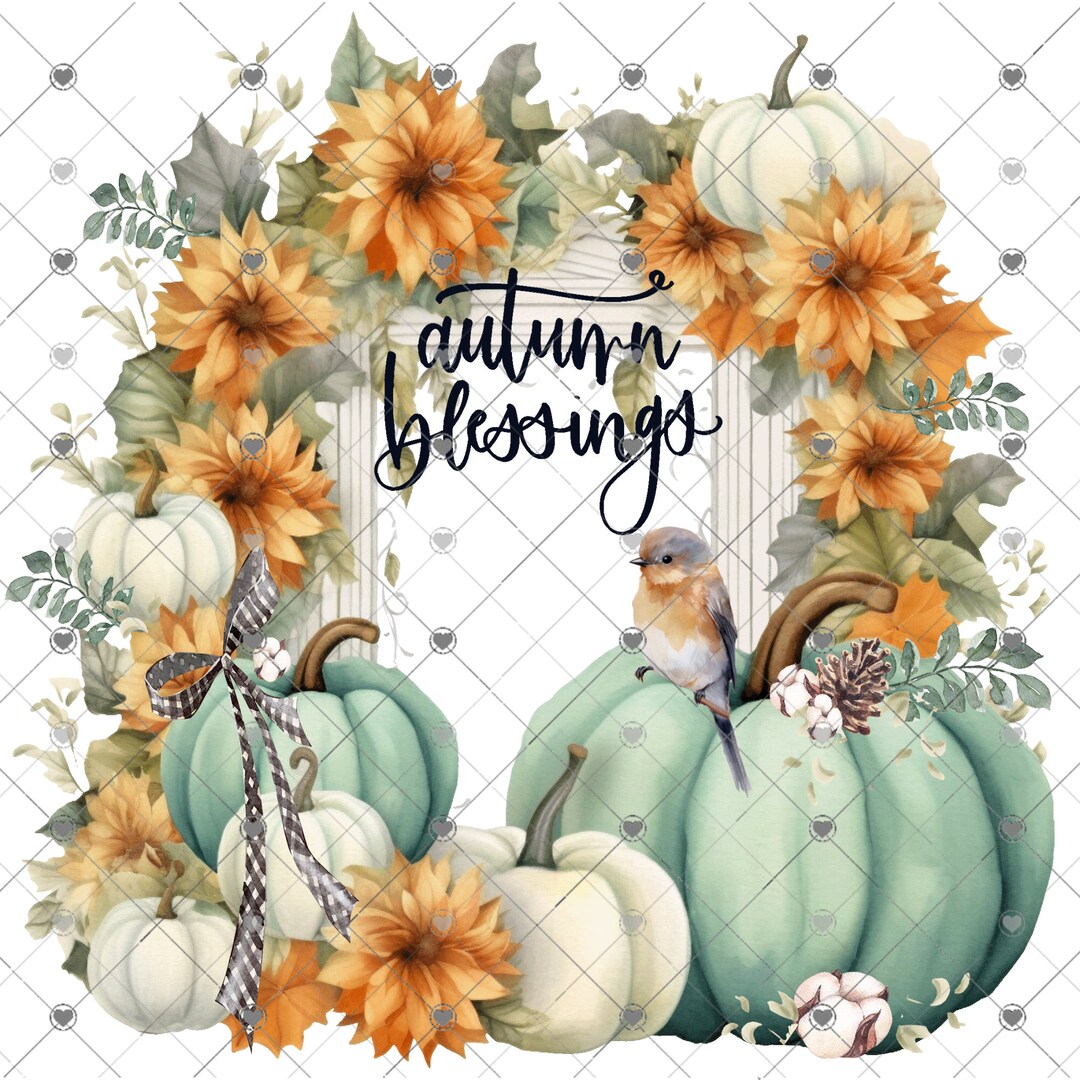 Autumn Blessings, Sage Green Pumpkins and Sunflowers Pumpkins Fall Png ...