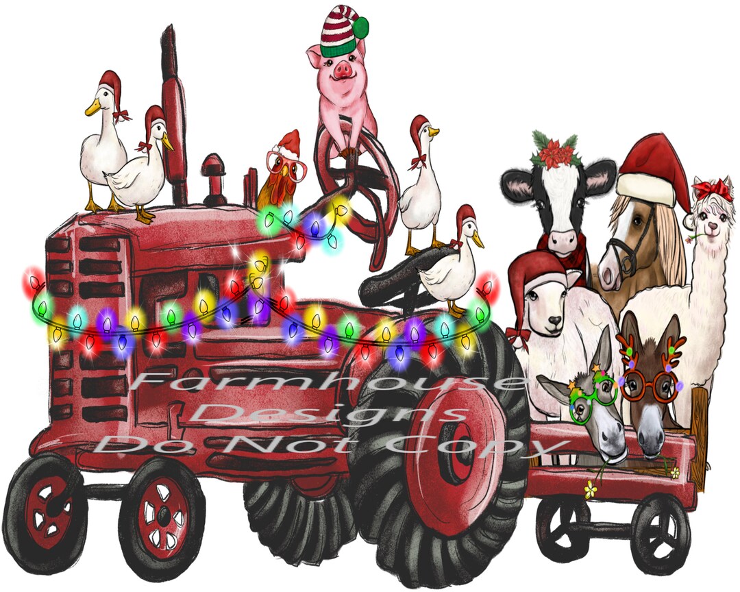 Red Christmas Tractor With Barnyard Animals Design, Digital Download ...