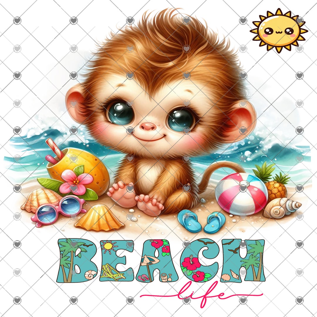 Beach Life, Adorable Monkey at the Beach, Kid's Shirt Design, Digital ...