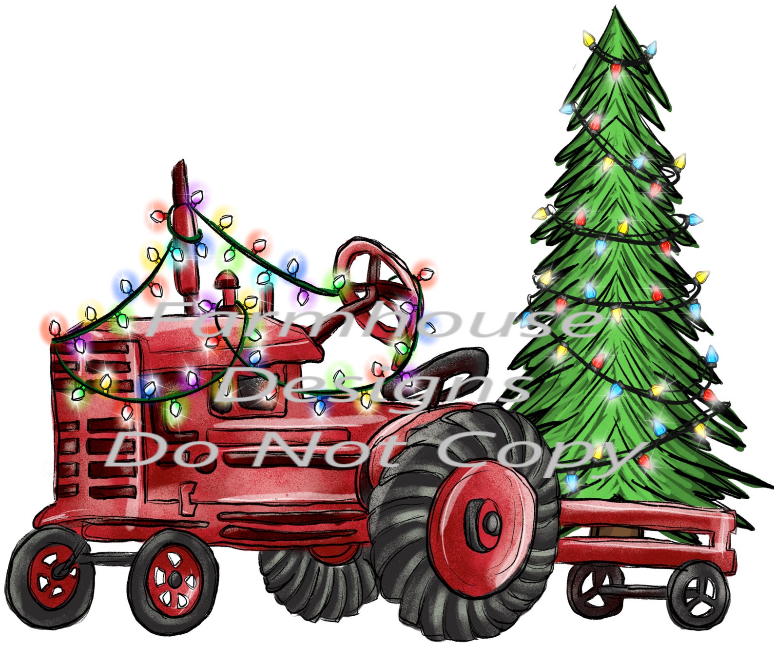 Merry Christmas, Red Tractor, Christmas Tree Design, Digital Download ...