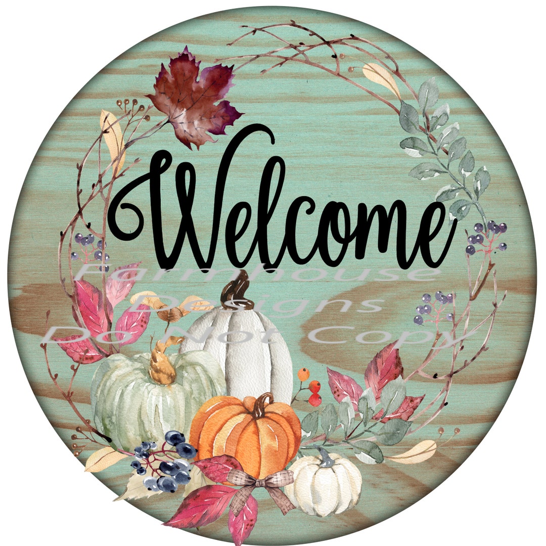 Pumpkins and Leaves Fall Welcome Sign, Round Door Sign Png, Download ...