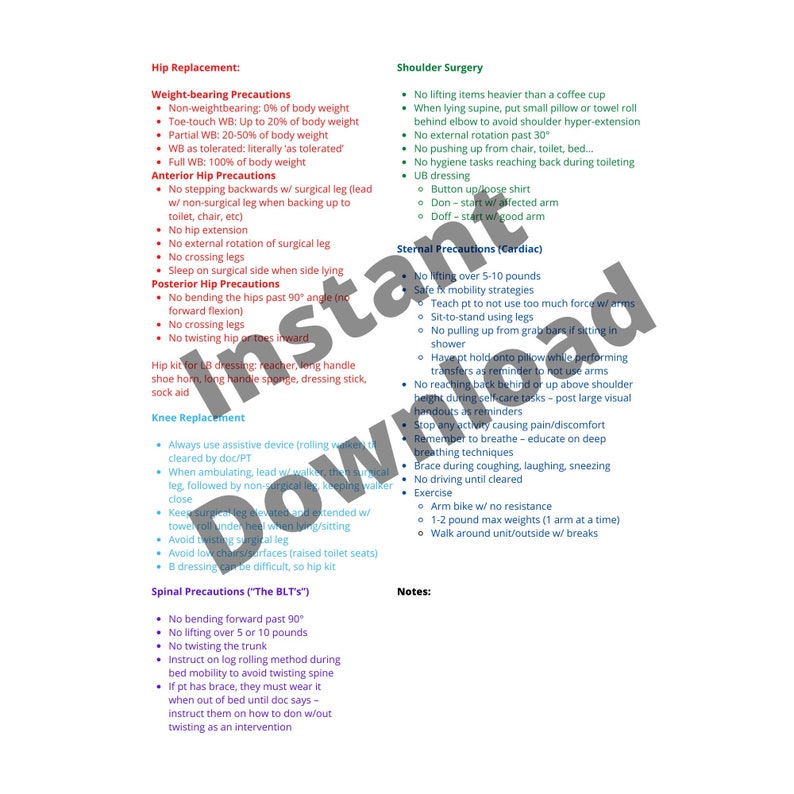 Acute Care Rehab, Ortho Precautions, Occupational Therapy, OT, Physical Therapy, PT, Study Guide ...