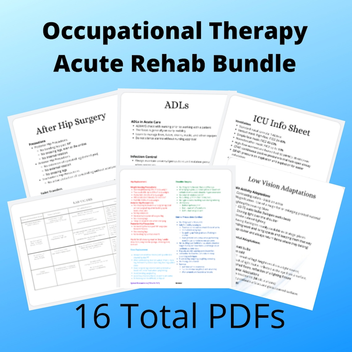 Occupational Therapy Acute Care Rehab Bundle, Cheat Sheet, Reference ...