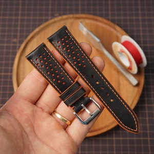Bespoke Racing Rally Racing Black Orange Leather Watch Strap 18mm 19mm ...