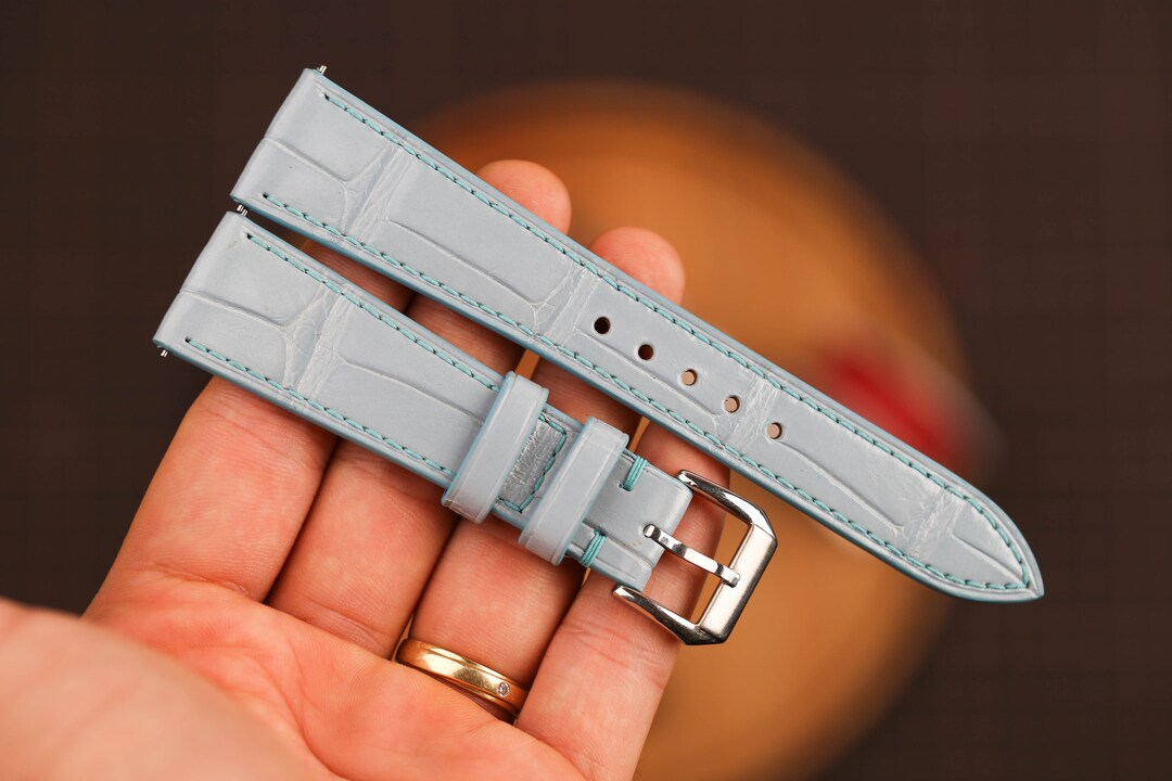 Bespoke Baby Blue Leather Watch Strap, Slim Watch Strap, Handmade Watch ...