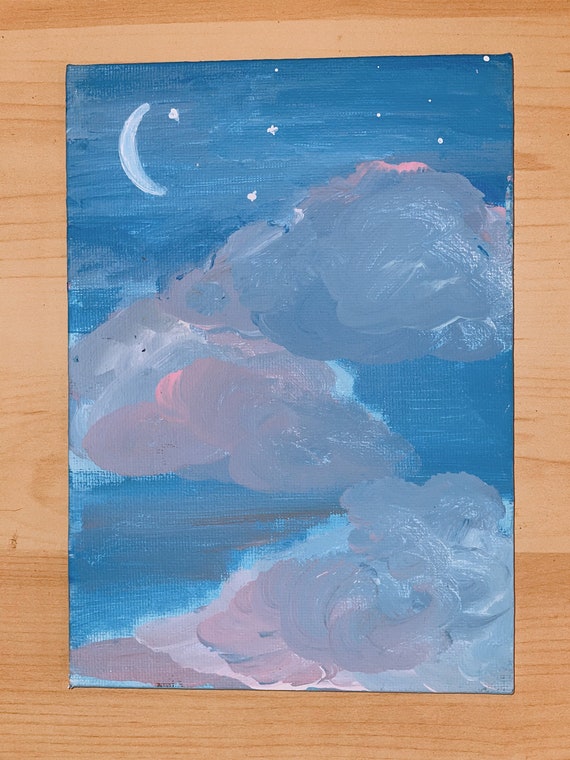 Moon in the Clouds Mini Canvas Painting | Etsy