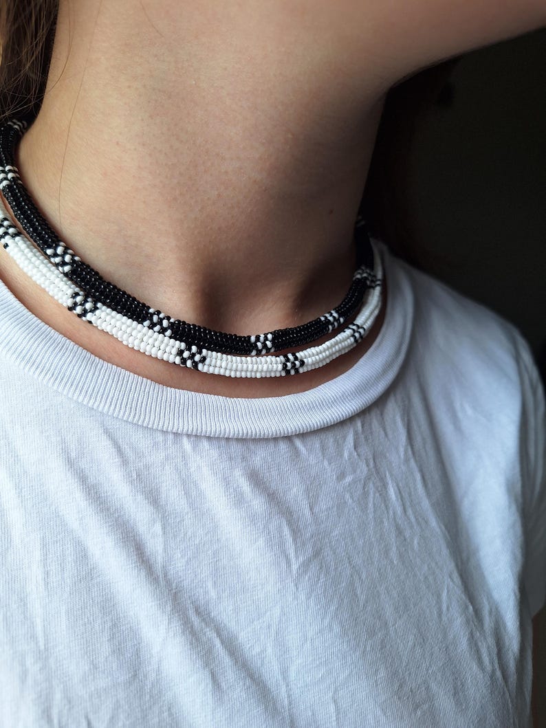 Handmade Black and White Beaded Choker Necklace Set - Etsy UK