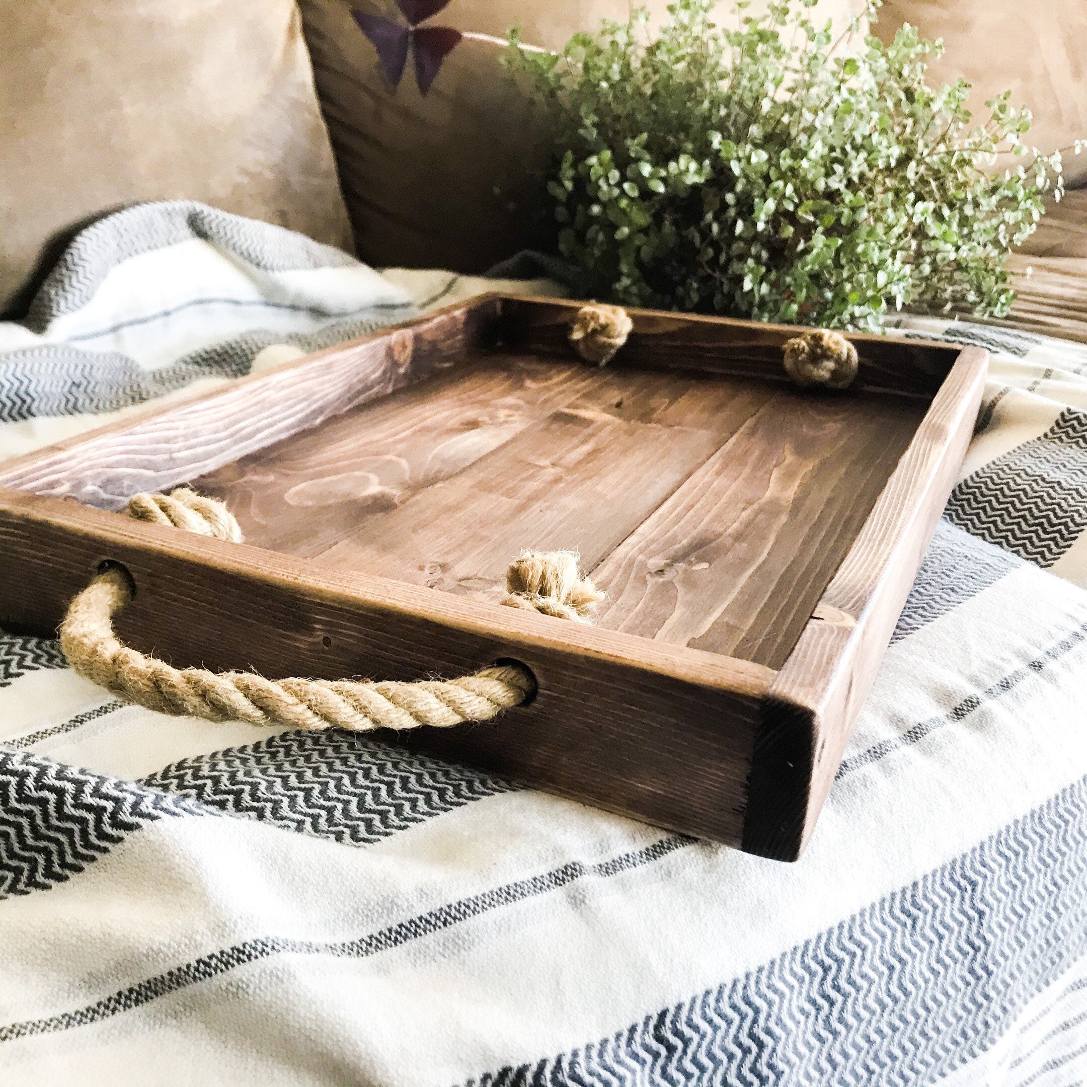 Wooden tray. Pine wood brown rustic tray with the rope | Etsy