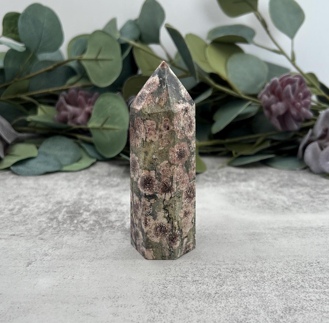Green Flower Jasper Tower / 4.38" Sakura Jasper Point / 208g Rhyolite ...