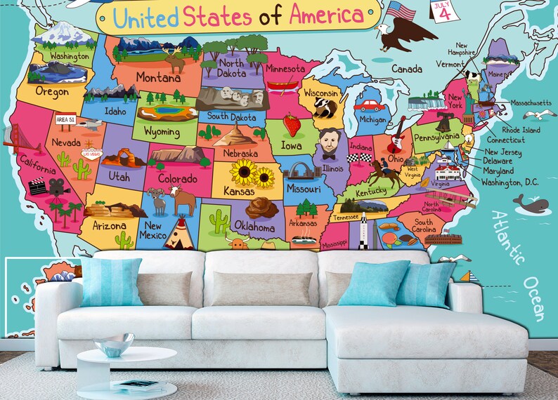 United States Map Mural Wallpaper Map Wall Decal Kids Room Wallpaper ...