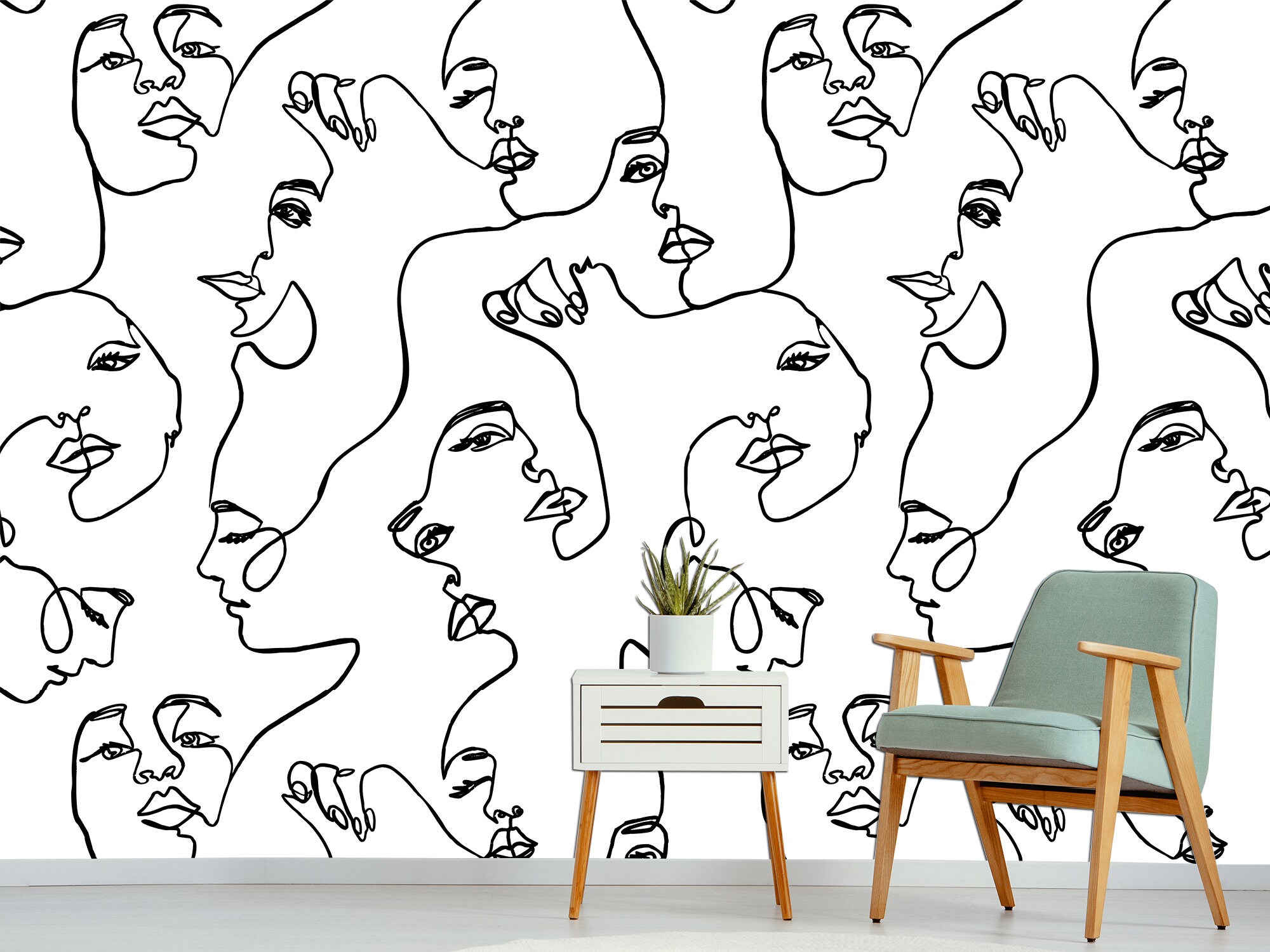 Face Line Print Peel Stick Wallpaper Black White Print - Etsy