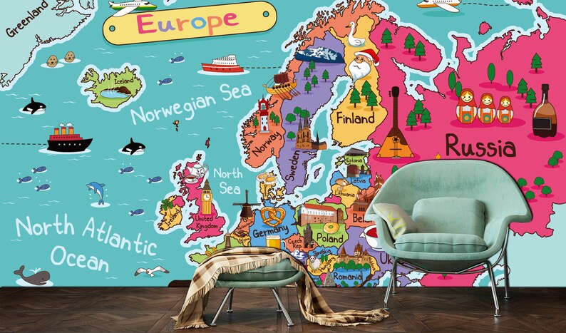 Europe Maps Wallpaper Roll Europe Wall Art World Map Wallpaper Map Wall ...
